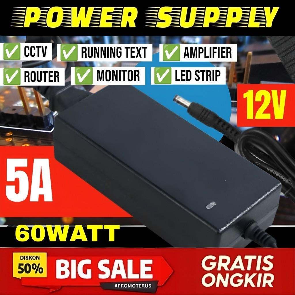 Jual Power Supply 12V 5A 60W Adaptor DC LED Strip CCTV Ampli Monitor ...
