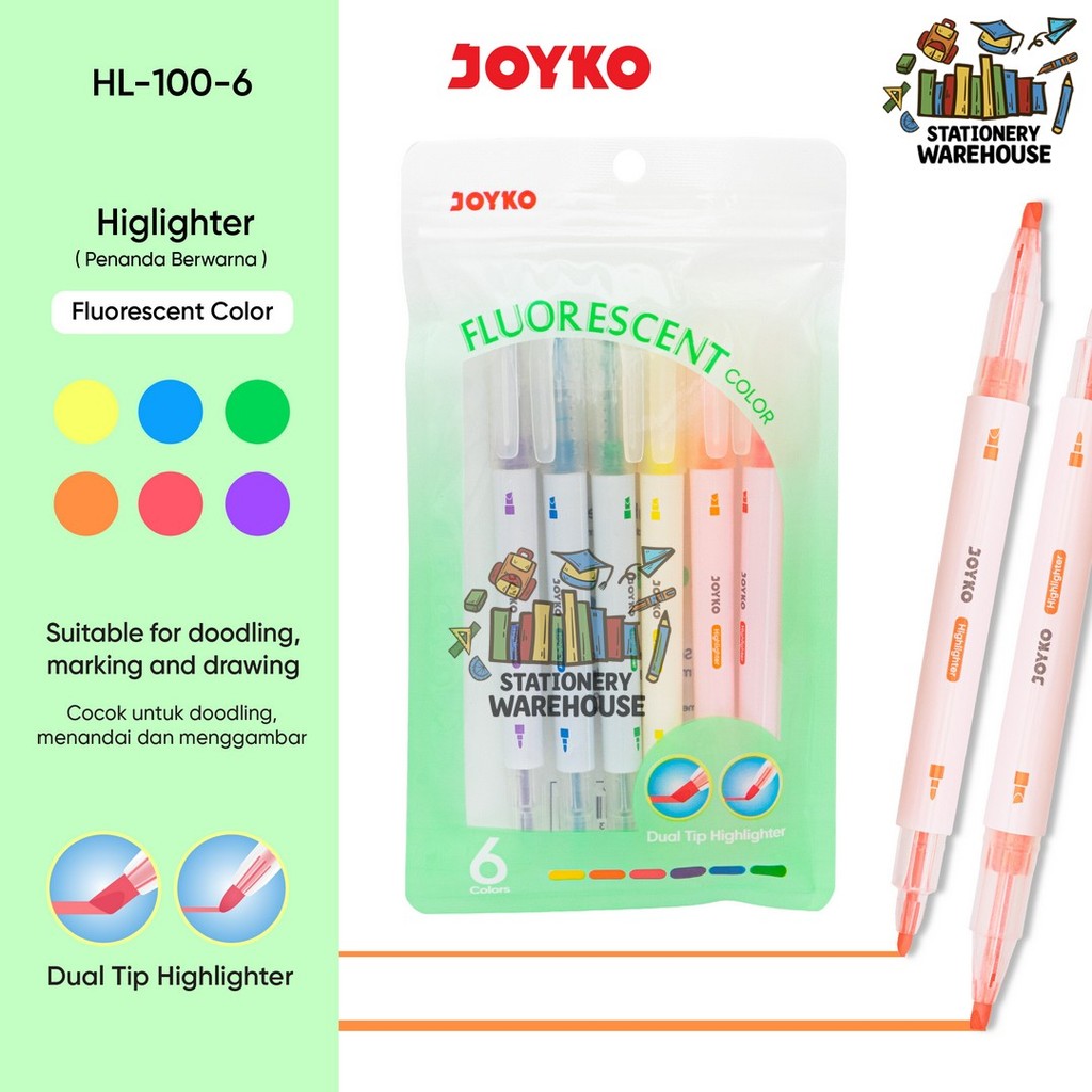 Jual Penanda Berwarna Highlighter Joyko HL-100-6 1 Set 6 Warna ...
