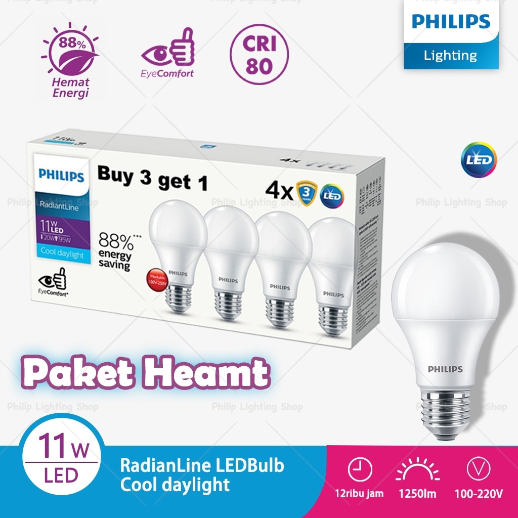 Jual Promo Beli 3 Gratis 1 Lampu Philips 11 Watt RadiantLine LEDBulb ...