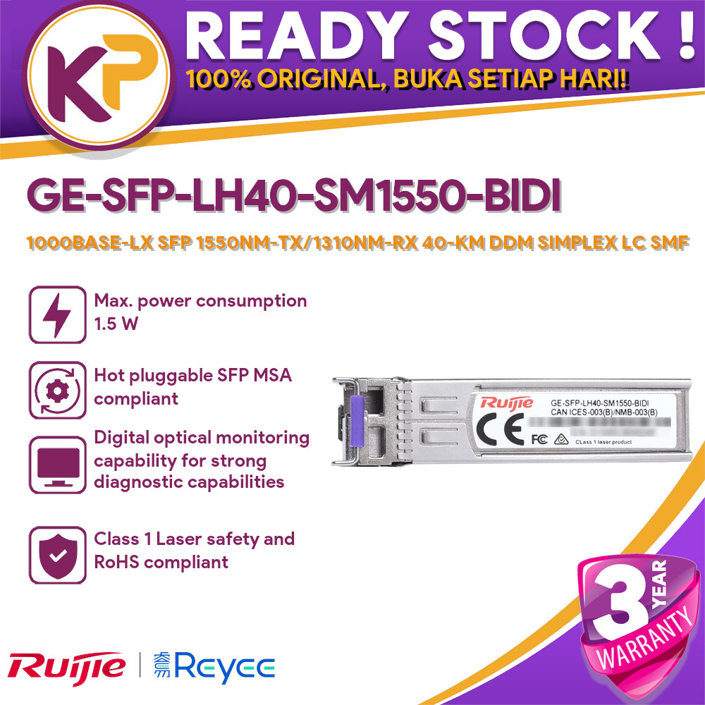 Jual RUIJIE REYEE GE-SFP-LH40-SM1550-BIDI 1000BASE-LX SFP 1550NM-TX/1310NM-RX 40-KM DDM SIMPLEX ...