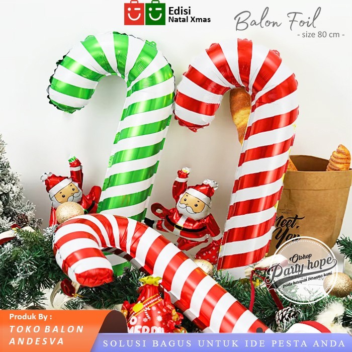Jual Balon foil natal tongkat permen jumbo / balon tongkat santa permen ...