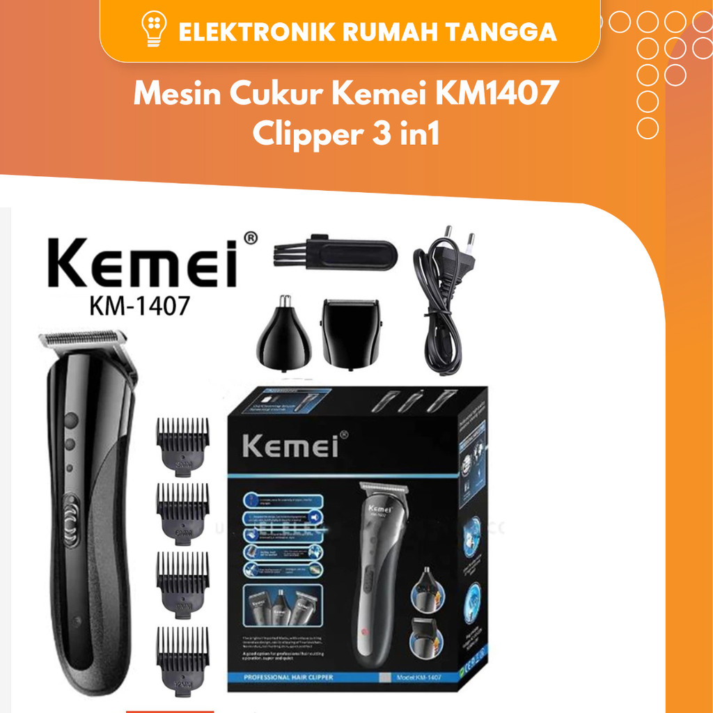 Jual Mesin Cukur Kemei KM1407 Clipper 3 in1 Alat cukur potong rambut jenggot alis charger ...