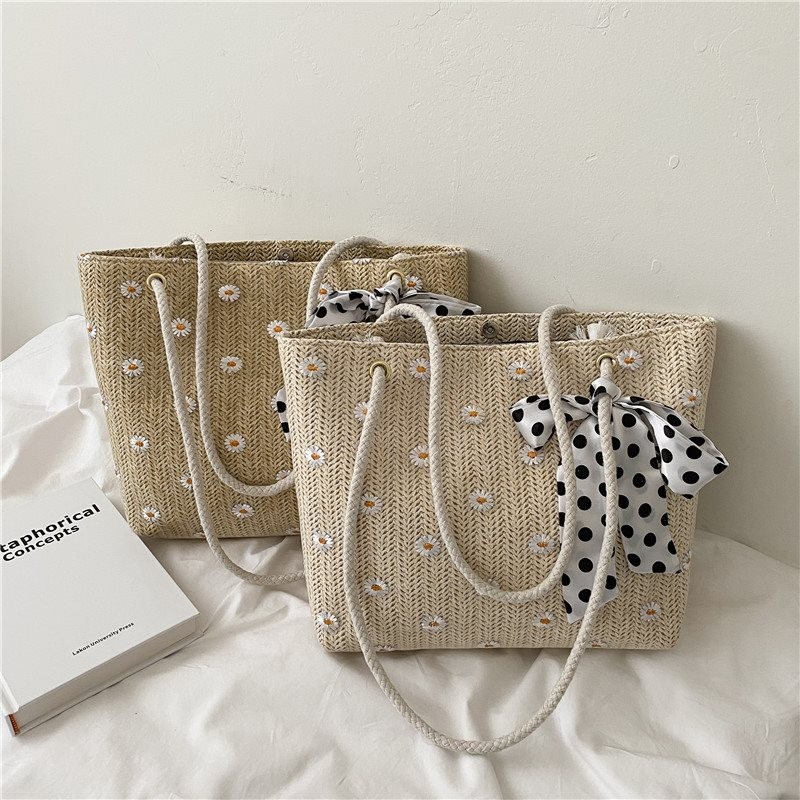 Jual Tas Bahu Wanita Rajut Modis Tote Bag Pantai Anyaman Pita Besar ...