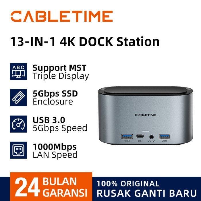 Jual CABLETIME Multiport USB Type C 13in1 MST Docking HDMI DP RJ45 Aux PD W/ M.2 Sata SSD ...
