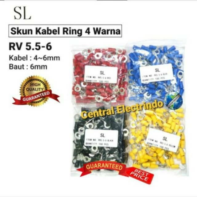 Jual Skun Kabel Ring Warna RV 5.5-6 Kabel 4~6mm Baut 6mm SL. | Shopee ...