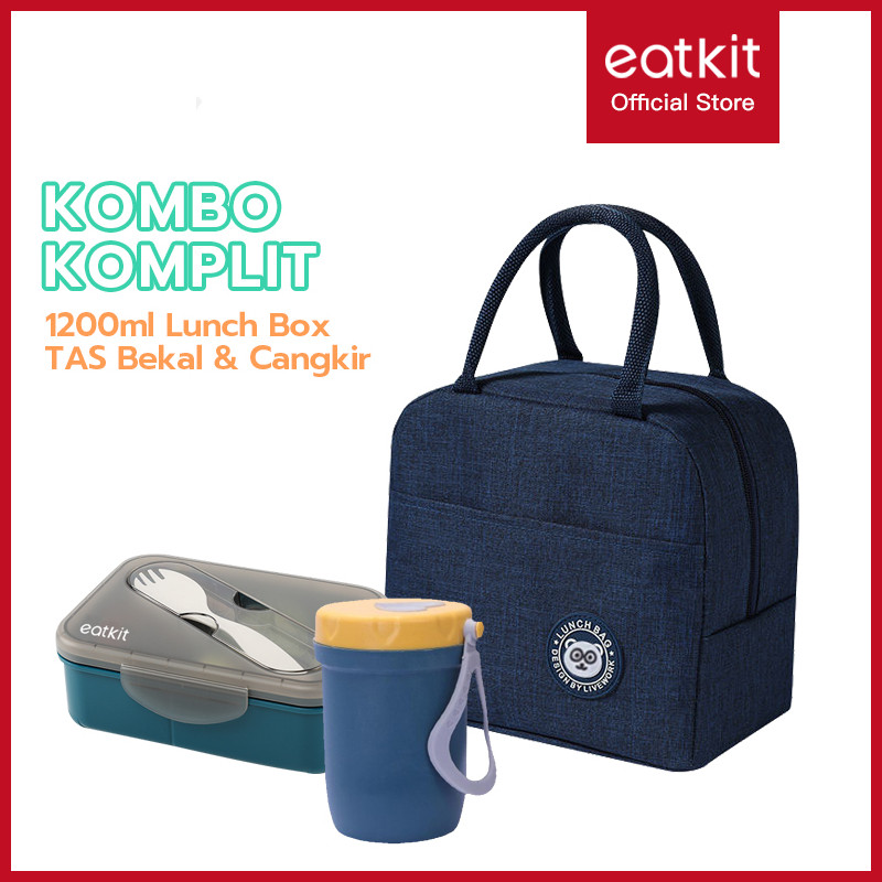 Jual Eatkit 3in1 Kotak Makan Set Lunch Box Kotak Makan 900ml & Cangkir Soup Wheatstraw Anti ...