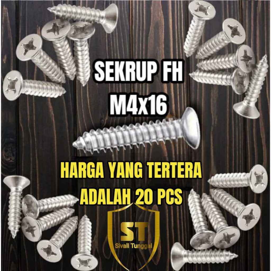 Jual (HARGA 20 PCS) SEKRUP FH (M4X16) STAINLESS 201- SKRUP FH TAPPING ...