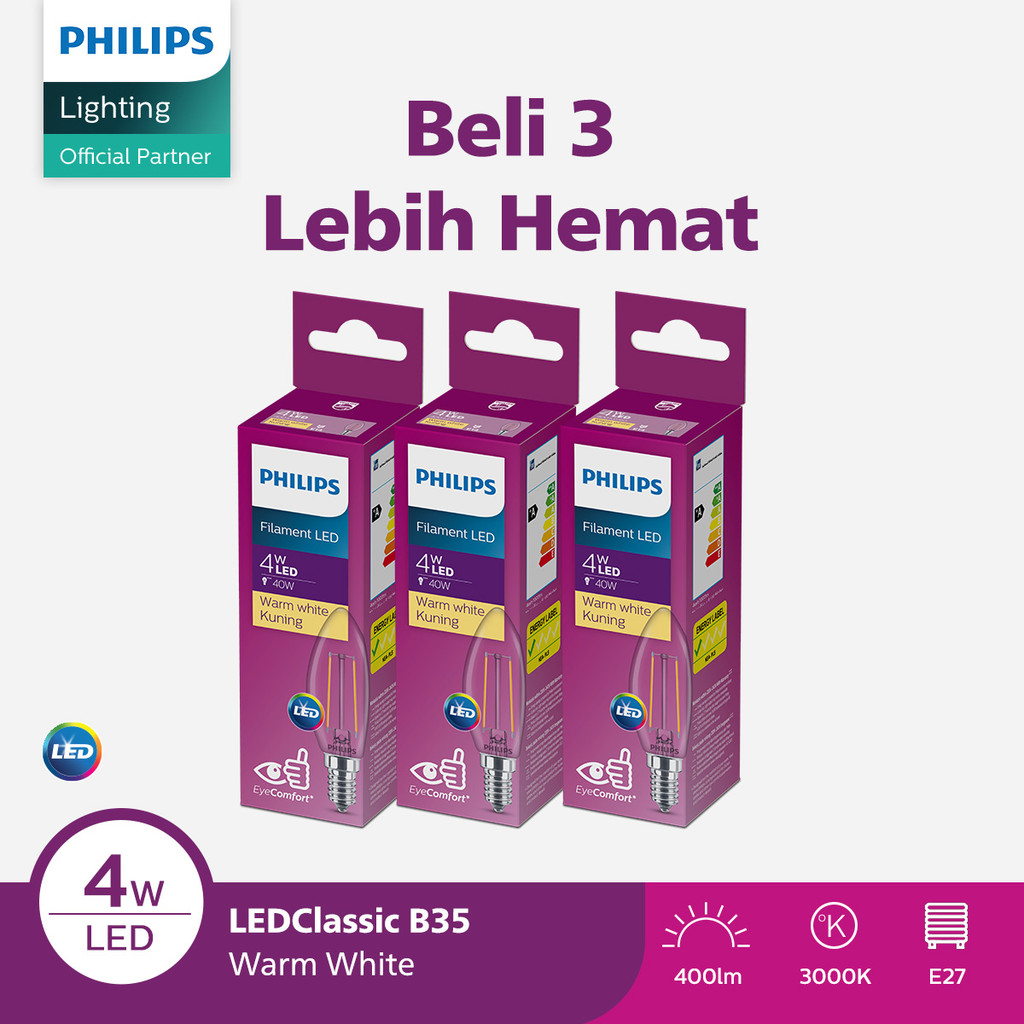 Jual Paket Hemat 3X Lampu Philips Filament Bohlam LED 4W B35 E14 Kuning ...