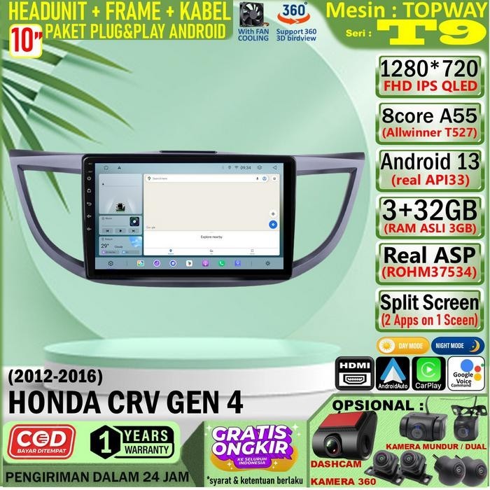 Jual Paket Headunit Android 10 inch + Frame + PNP Canbus Honda CRV Gen 4 Topway T9 Allwinner ...