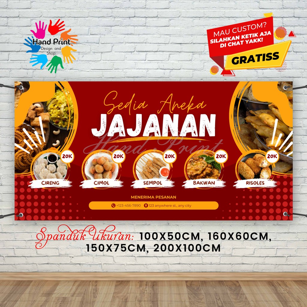 Jual Cetak Spanduk Banner Aneka Jajan Merah Oranye MMT Spanduk Custom ...