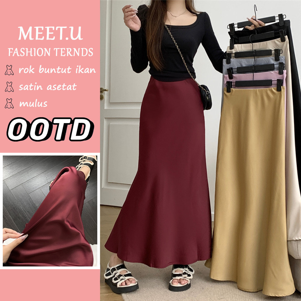 Jual MEET.U Rok Midi Satin Mewah Dengan Pinggang Tinggi Dan Model ...