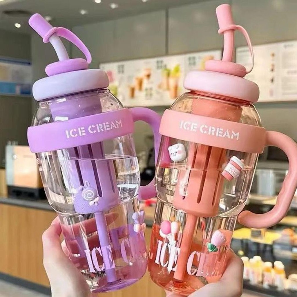Jual Botol Minum Plastik Lucu Jumbo 1300ML Tumbler + Sedotan Model Ice ...