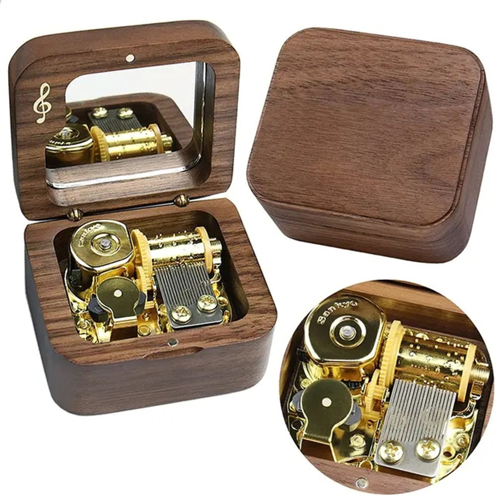 Jual Vintage Wooden Music Box 18 Tone Clockwork Musical Box with Mirror ...