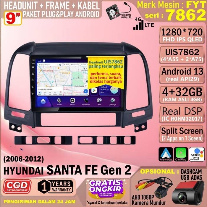 Jual Paket Headunit Android 9 inch + Frame + Soket PNP Hyundai Santa Fe ...