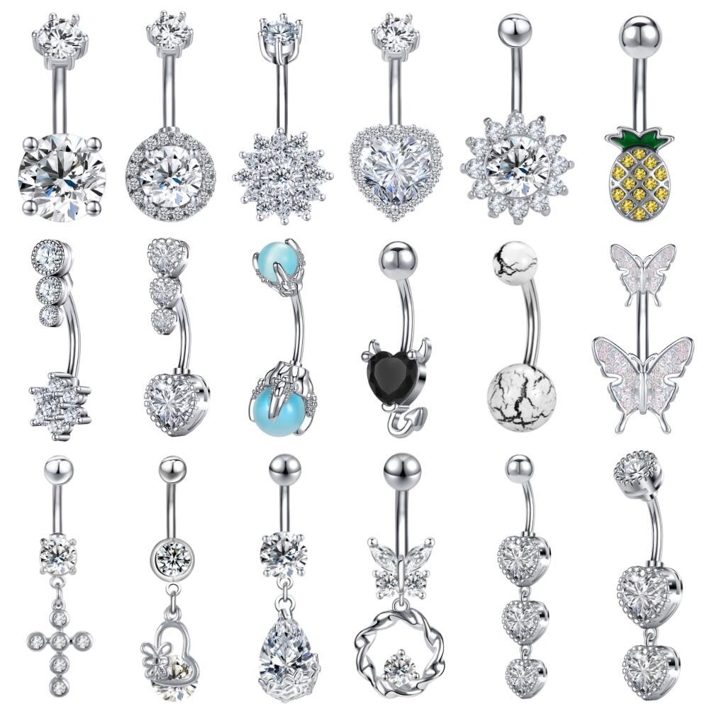 Jual Silver Pendant Navel Rings Crystal Dangle Navel Piercings 316L Stainless Steel Belly Button ...