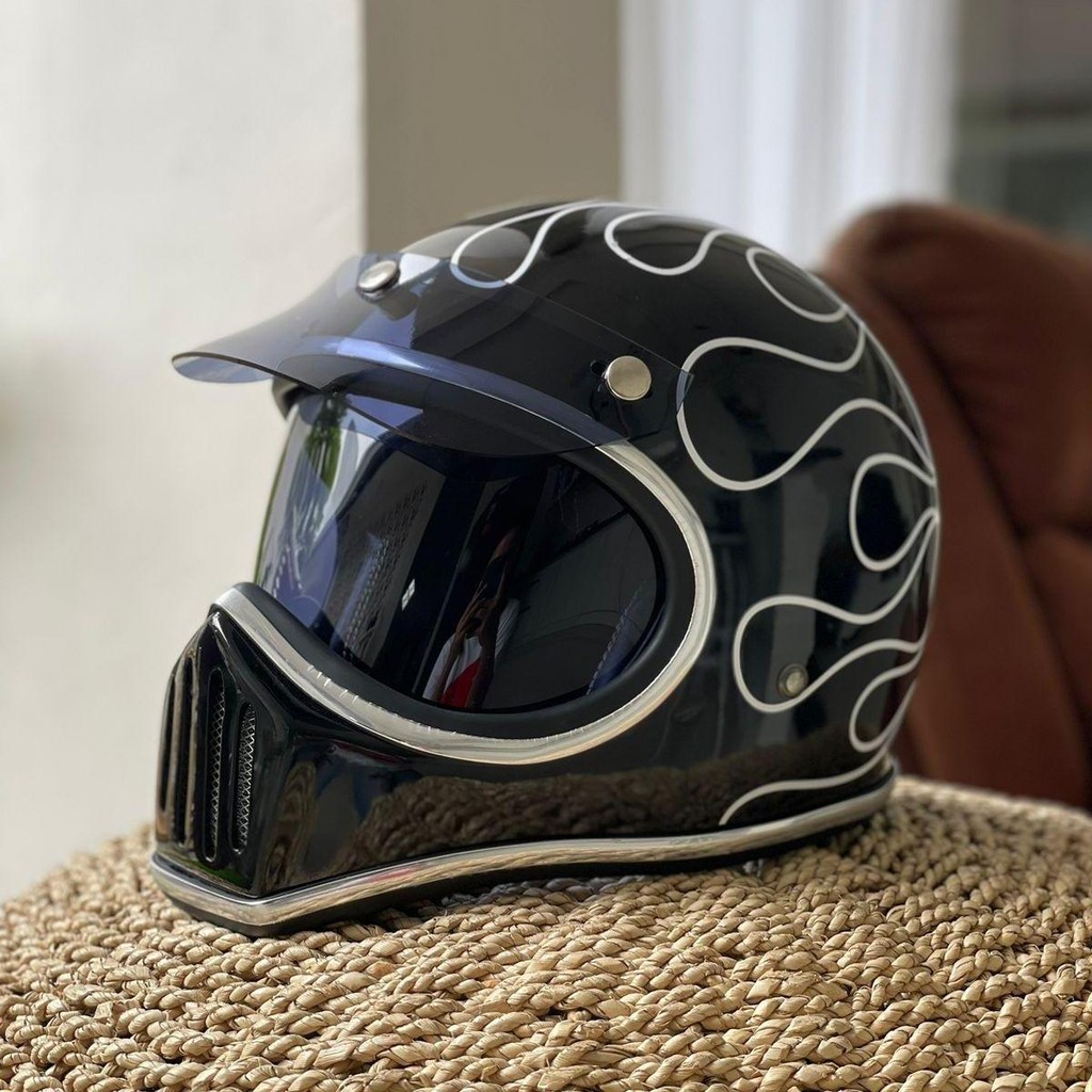 Jual Helm Cakil Motif Api Full Face Visor atau Pet Retro Motorcycle ...