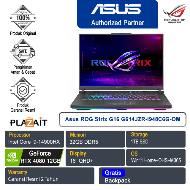 Jual Asus ROG Strix G16 G614JZR-I948C6G-OM /Intel Core i9-14900HX/32GB ...