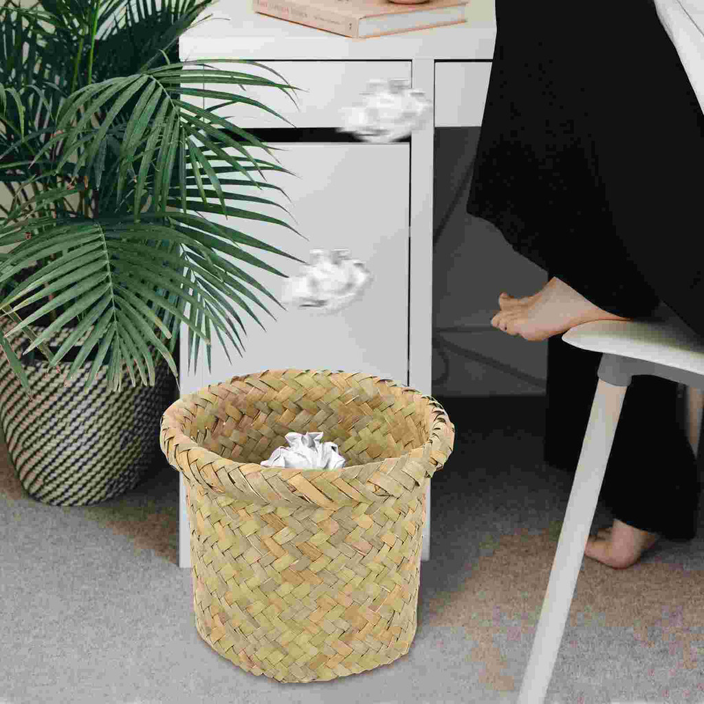 Jual Basket Trash Bin Waste Can Woven Rattan Garbage Wicker Paper ...