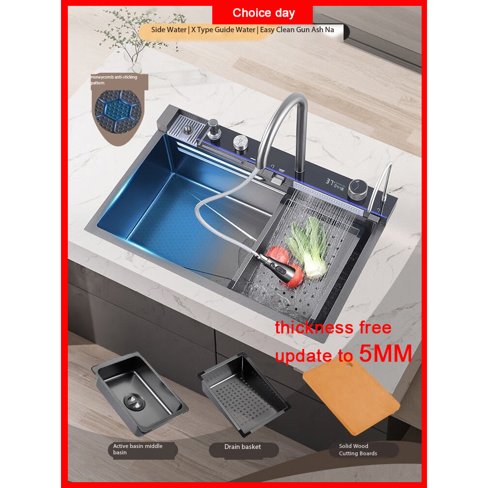 Jual Waterfall Sink Kitchen Stainless Steel Topmount Sink Black Nano ...