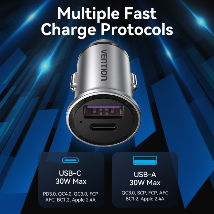Jual Vention Car Charger 30W Dual Port USB (A+C) 30W PD Quick Charger ...
