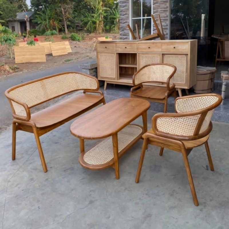 Jual SET KURSI SCANDINAVIAN KURSI RUANG TAMU JATI RETRO SCANDINAVIAN ROTAN FINISHING KURSI MAKAN ...