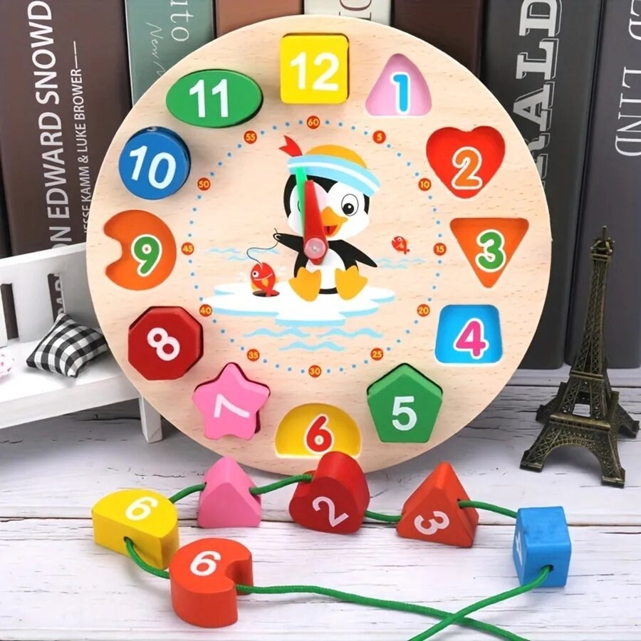 Jual Wooden Shape Color Sorting Clock- Teaching Time Number Blocks ...