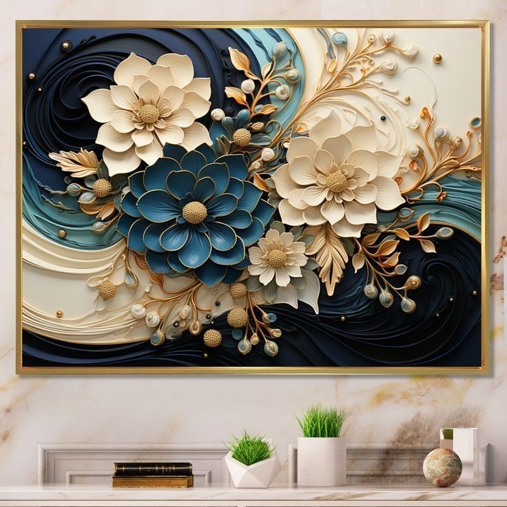 Jual Lukisan Bunga Warna Putih Biru TekstureTebal Modern art Estetik ...