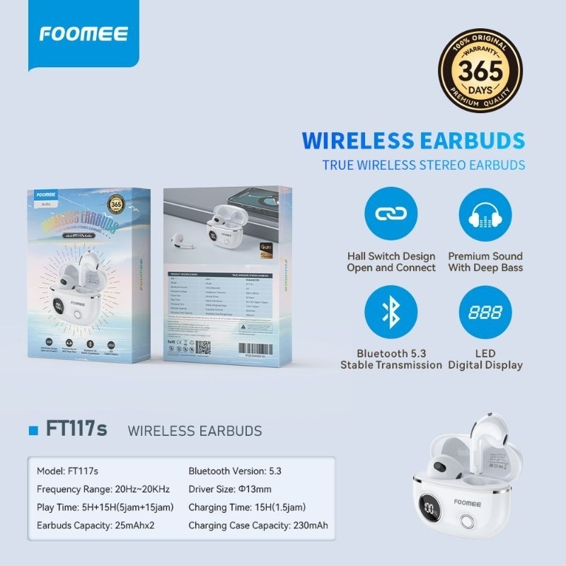 Jual FOOMEE FT117S EARPHONE BLUETOOTH 5.3 TWS TRUE WIRELESS STEREO LED ...