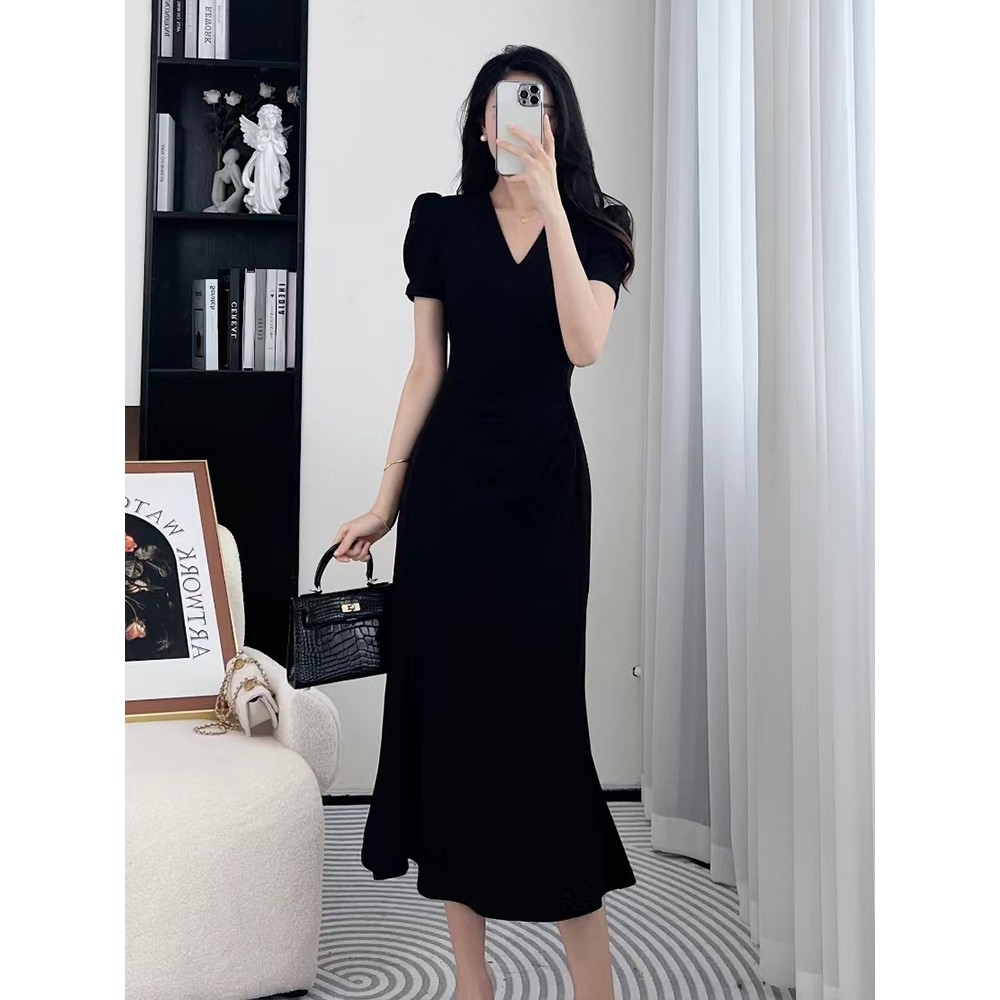 Jual dress hitam panjang midi formal Lengan Pendek wanita kekinian ...