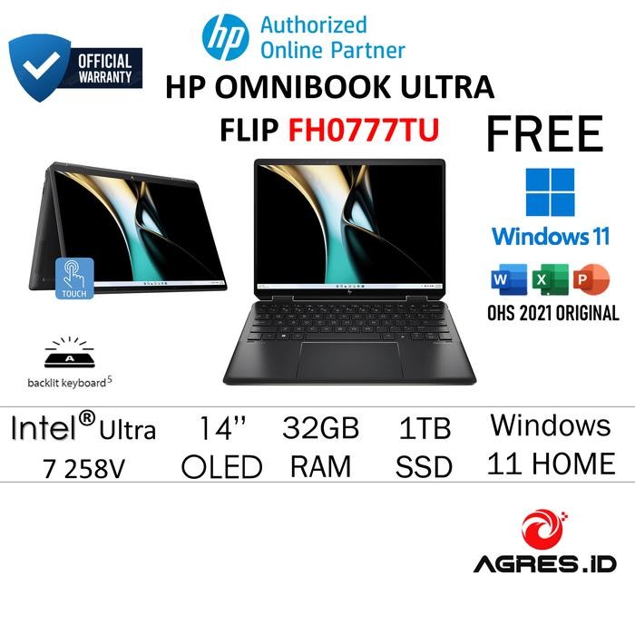 Jual Laptop HP OMNIBOOK ULTRA FLIP 14 2IN1 INTEL EVO ULTRA 7 258V 32GB 1TB W11+OHS 14.0 2.8K ...