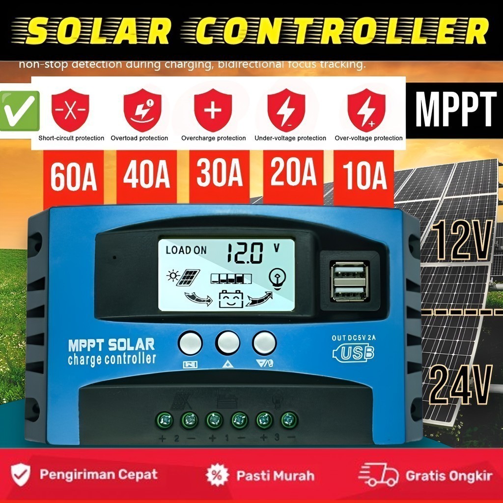 Jual MPPT Solar Controller SCC Regulator Dual USB Auto 12V/24V 60A 40A ...