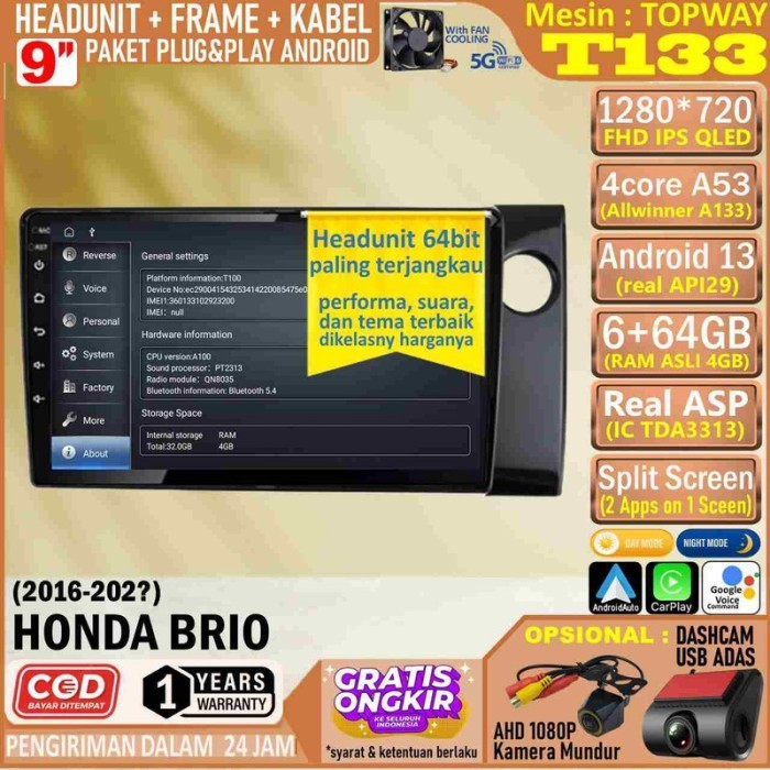 Jual Paket Headunit Android 9 inch + Frame + Soket PNP Honda Brio 2016 ...