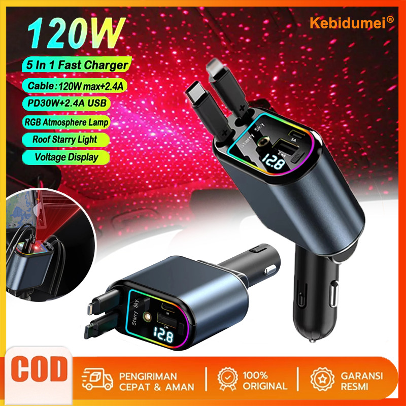Jual 4 In1 Car Charger PD120W RGB Starry Light Mobil Charger ...