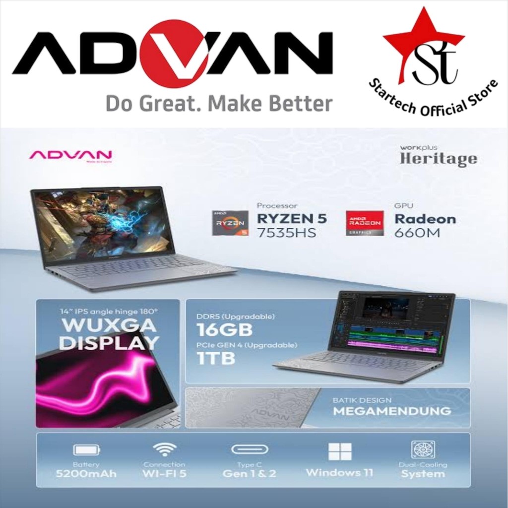 Jual Advan WorkPlus Heritage Ryzen 5 7535HS 8GB 512 GB W11 14"WUXGA ...