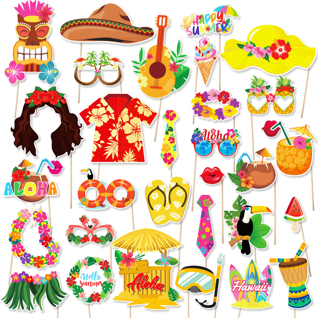 Jual 30Pcs Tropical Hawaii Theme Flower Guitar Photo Booth Props for ...