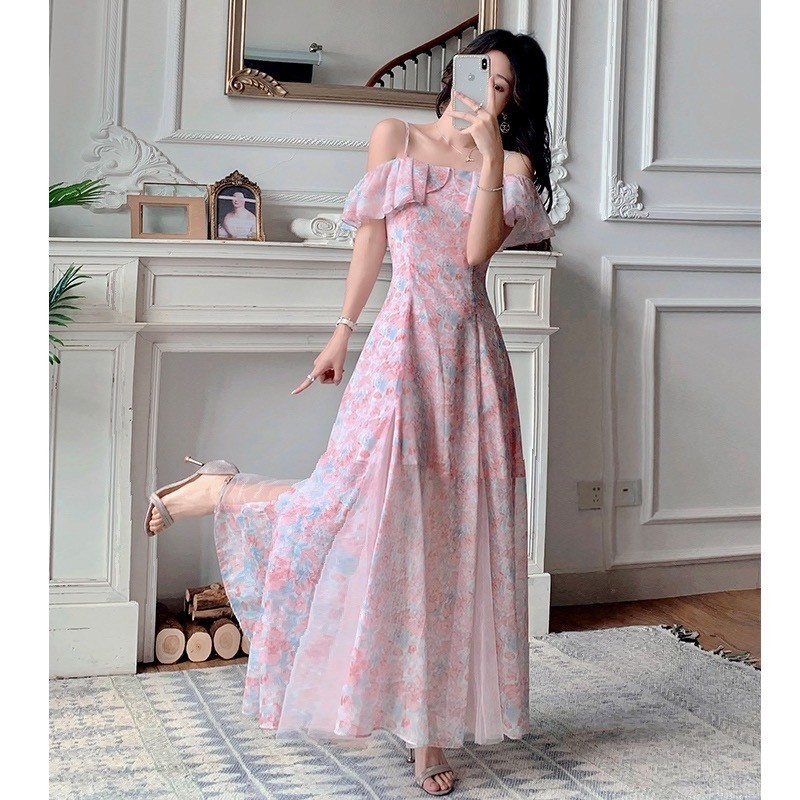 Jual EMITA BLOOM french fairy long dress Pink soft korea panjang Wanita ...