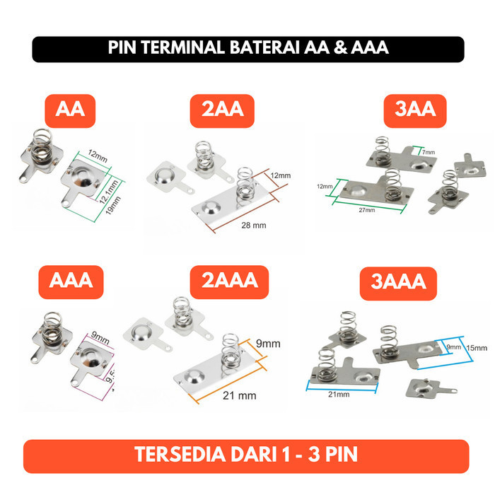 Jual Pin Terminal Baterai AA AAA A2 A3 Plat Terminal PCB 1P 2P 3P 1 2 3 ...