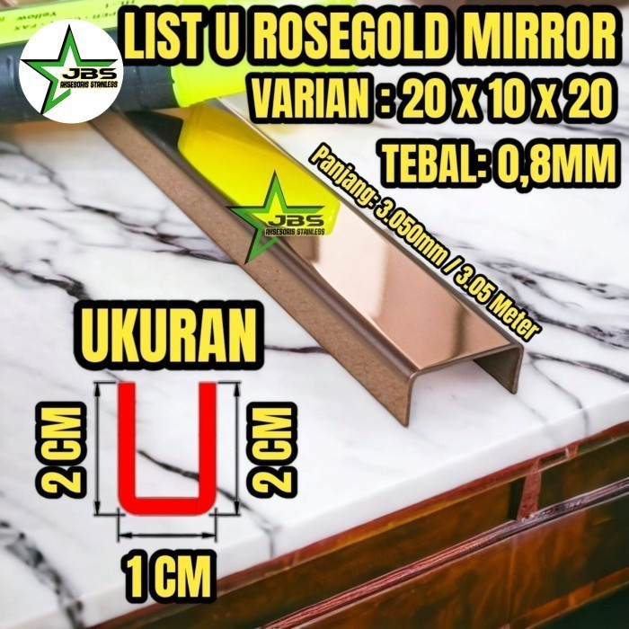 Jual LIST U MIRROR ROSEGOLD 20X10X20X3.050mm T. 0.8mm STAINLESS SUS 201 ...