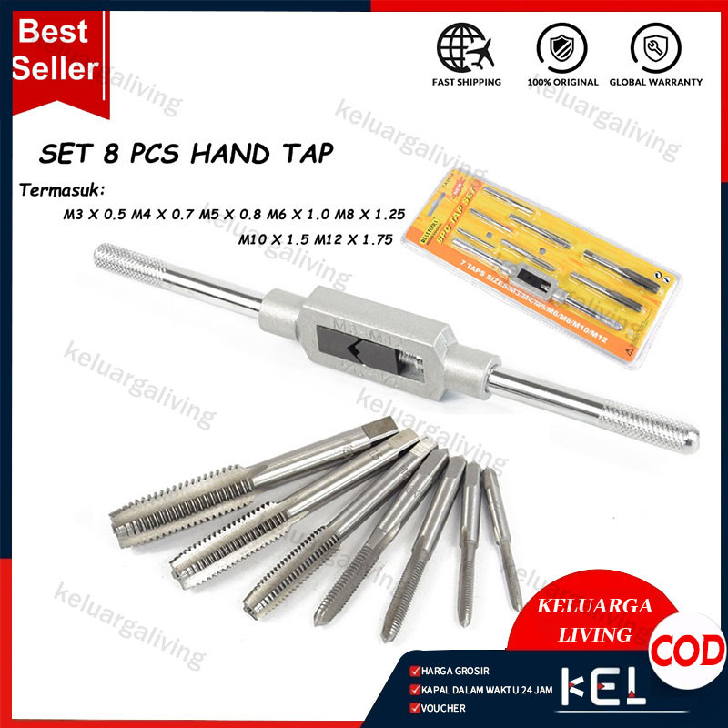 Jual SET 8 PCS HAND TAP SET ULIR DRAT DALAM + GAGANG STANG HANDLE ALAT SENAI PEMBUAT DRAT M3/M4 ...