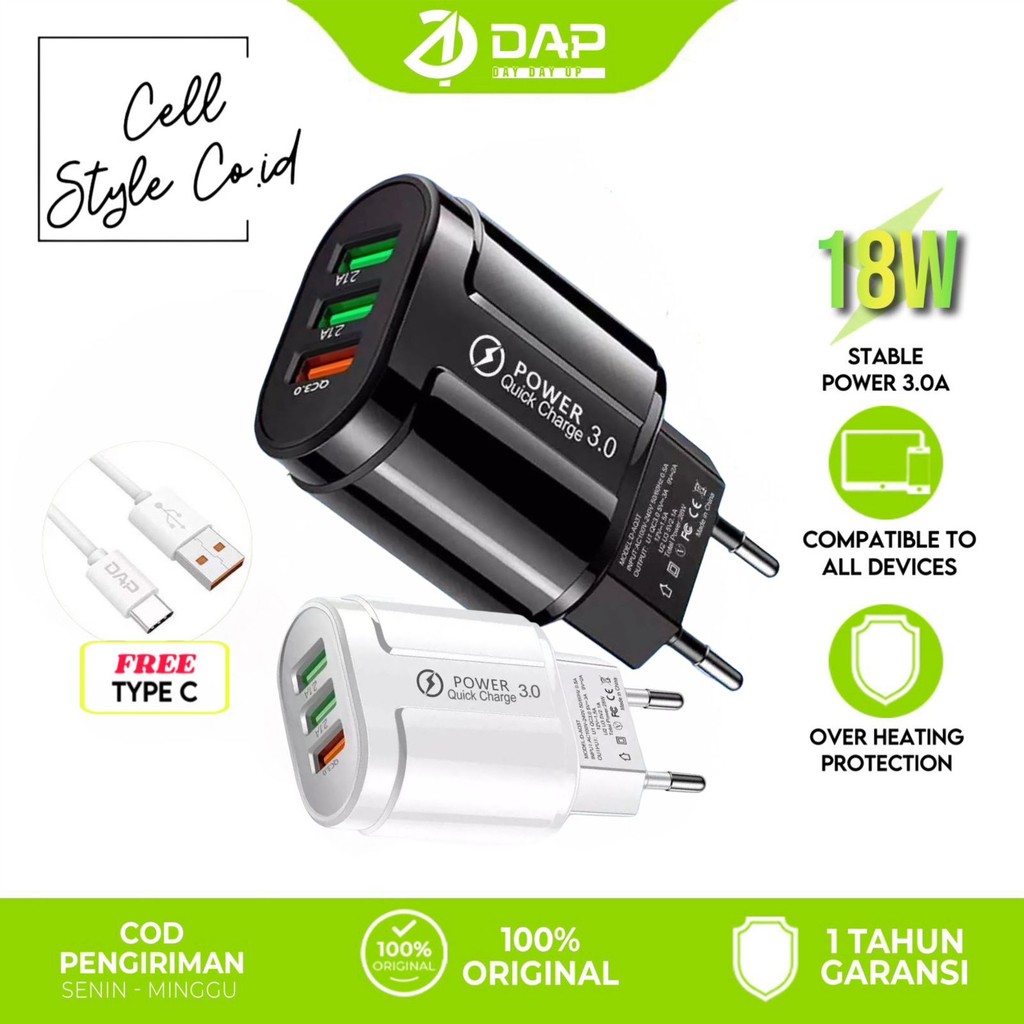 Jual DAP D-AQ3T Charger PD 18W 3-Port USB Adapter 3.0A Includes Type C ...