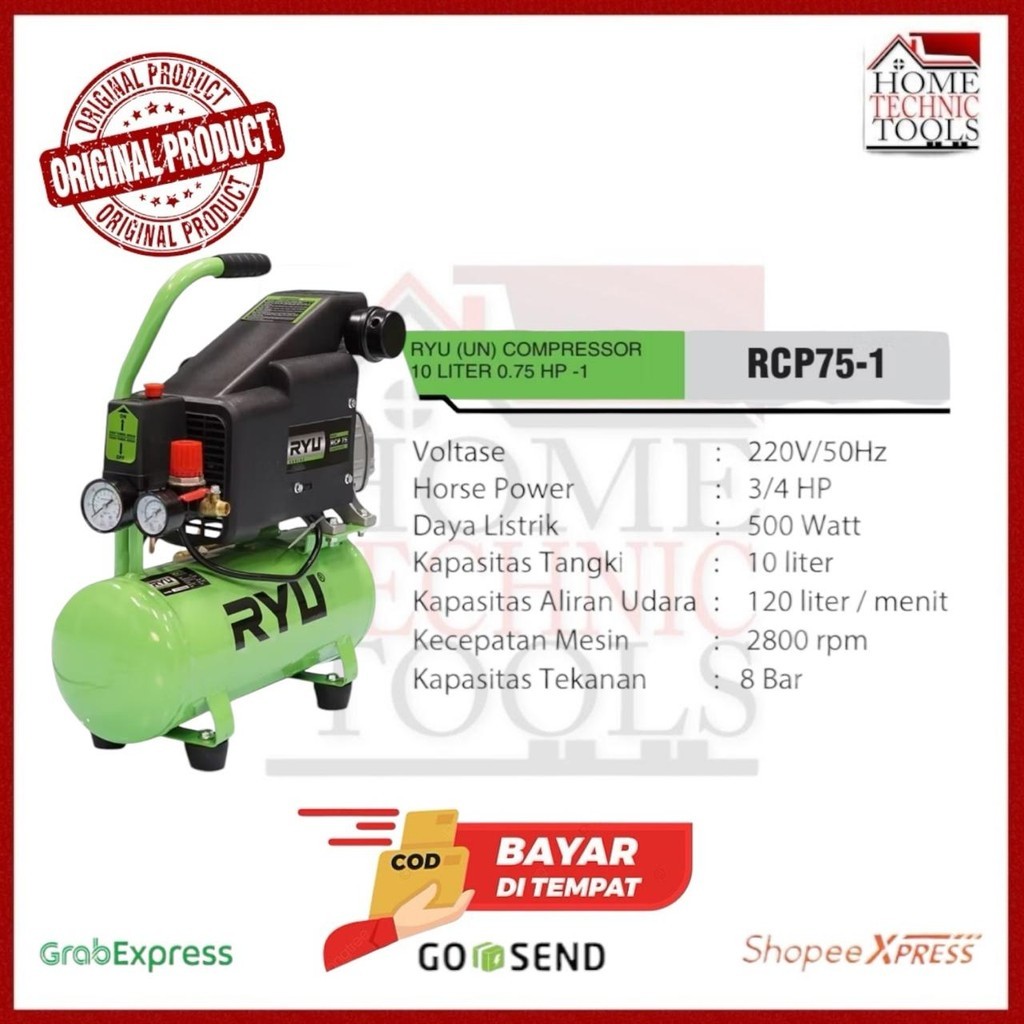 Jual RYU KOMPRESOR RYU RCP 75-1 / COMPRESOR 75-1 / ALAT PERTUKANGAN MESIN KOMPRESOR 10 LITERP10 ...