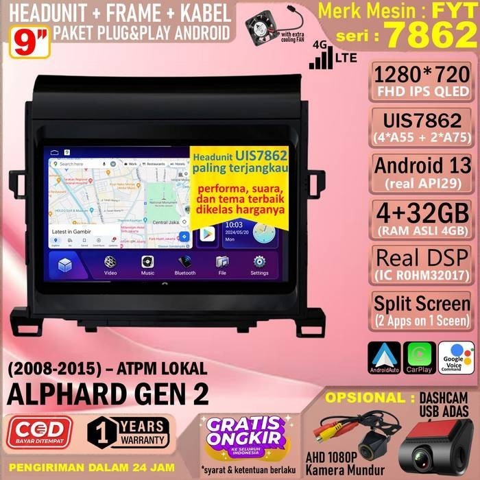 Jual Paket Headunit Android 9 inch + Frame + Soket PNP Toyota Alphard ...