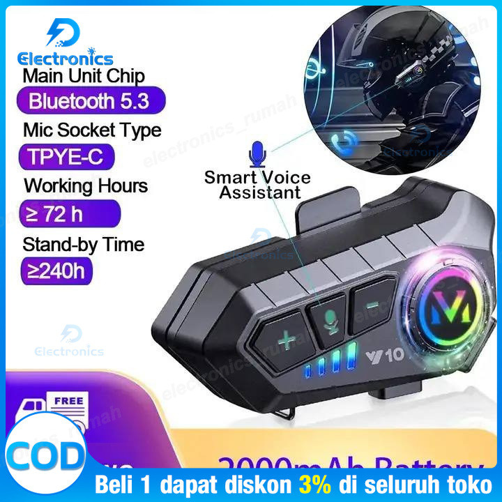 Jual Y10 headset Bluetooth helm motor 5.3 tahan air IPX6 voice control ...