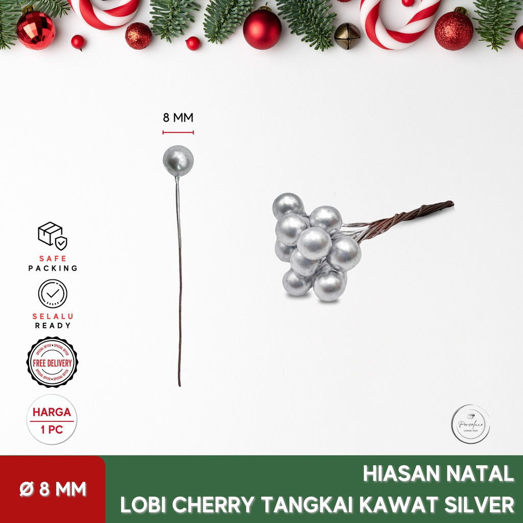 Jual [1 Pc] DIY Hiasan Natal Buah Lobi Cherry Tangkai Warna Silver ...