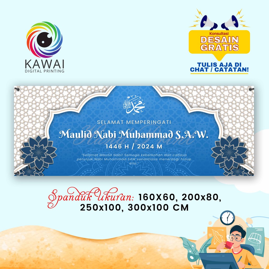 Jual SPANDUK / BANNER Maulid Nabi Biru Muda Putih Free Desain | Shopee ...