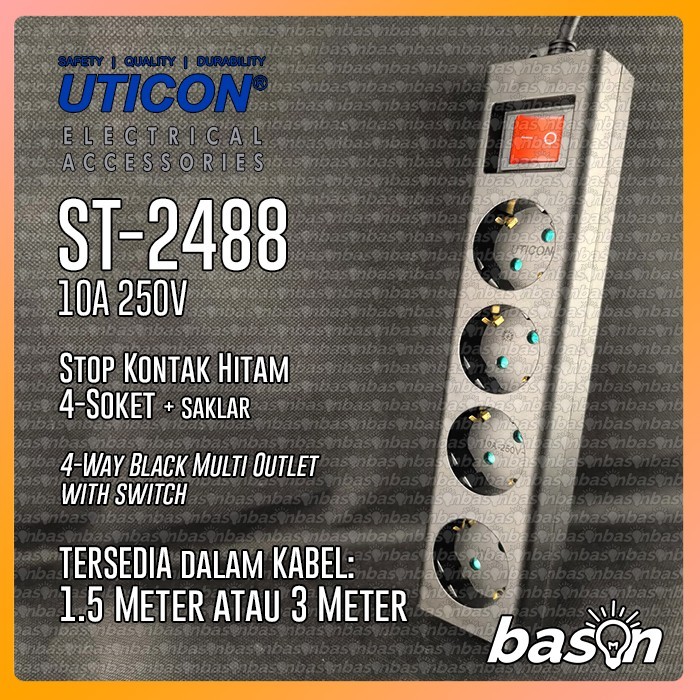 Jual UTICON ST2488 BK Stop Kontak Hitam 4 Lubang + Kabel 1.5 Meter / 3 ...