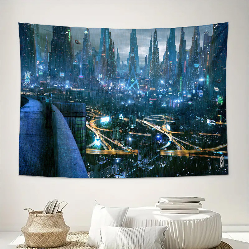 Jual Rainy Futuristic Cityscape Tapestry Wall Hanging Art Decor for ...