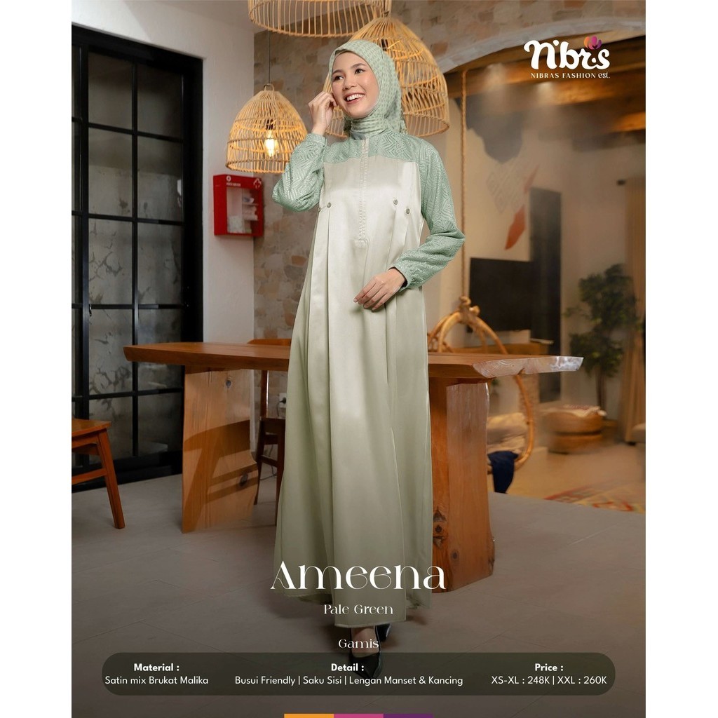 Jual Ameena Gamis Wanita Bahan Satin mix Brokat Warna Green Adem dan ...