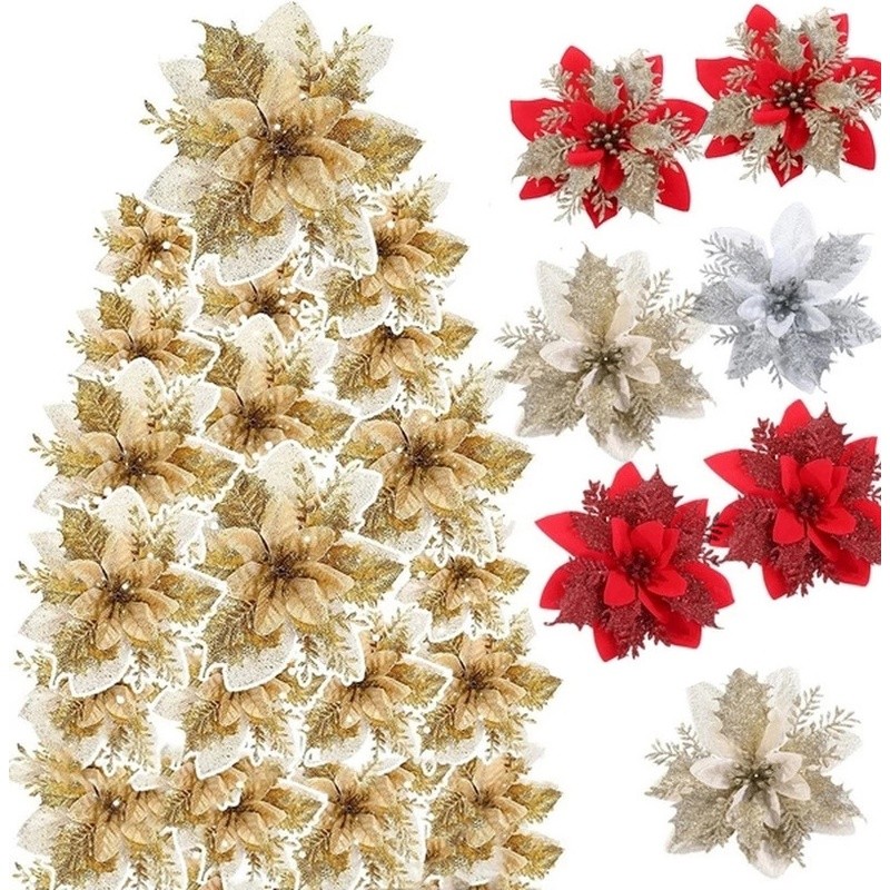 Jual 1Pcs 3D Glitter Natal Bunga Emas Merah Perak Buatan Bunga Natal ...
