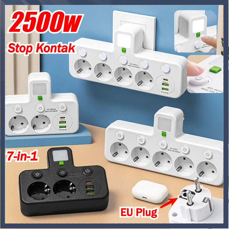 Jual 【COD】2500W Power Strip Wall Socket Stop Kontak 7IN1 Stop Kontak Multi Outlets Expander EU 3 ...